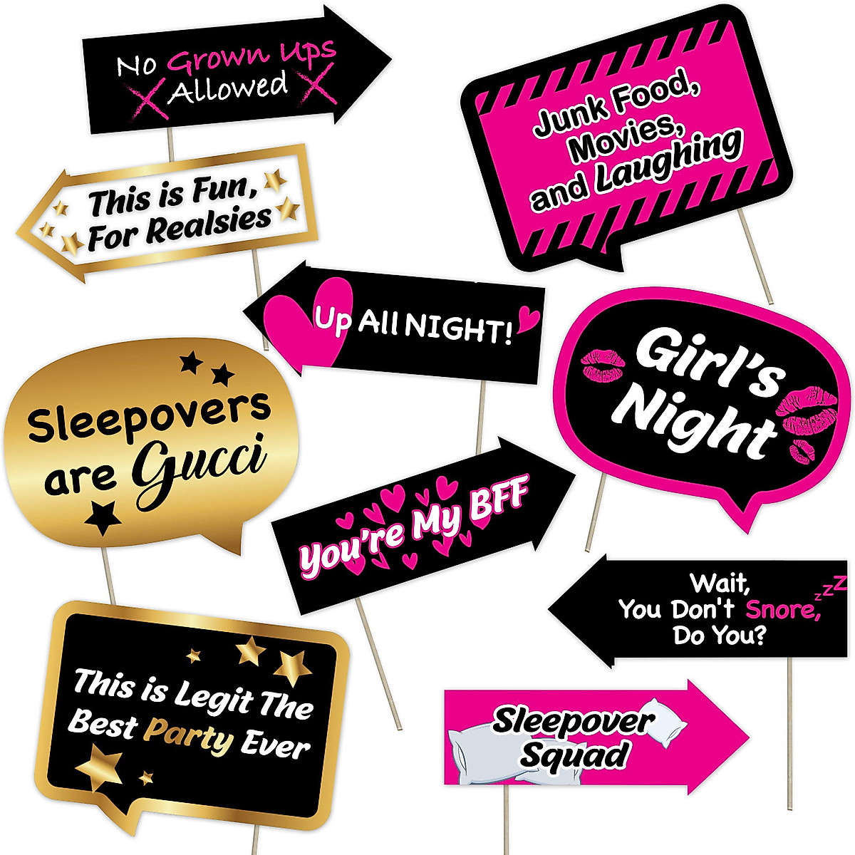 Slumber Party Decoration Kit - Includes Photography Backdrop & 10 Studio Selfie Photo Booth Props with Sticks - Sleepover Squad Pajama Girl Theme Studio Background Supplies