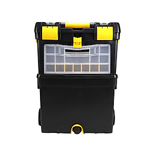 Erie Tools Portable Rolling 2-Tiered Organizer Storage Box with Foldable Auto-Locking Handle and Detachable Storage Compartment for Crafts Toys Fishing Tools