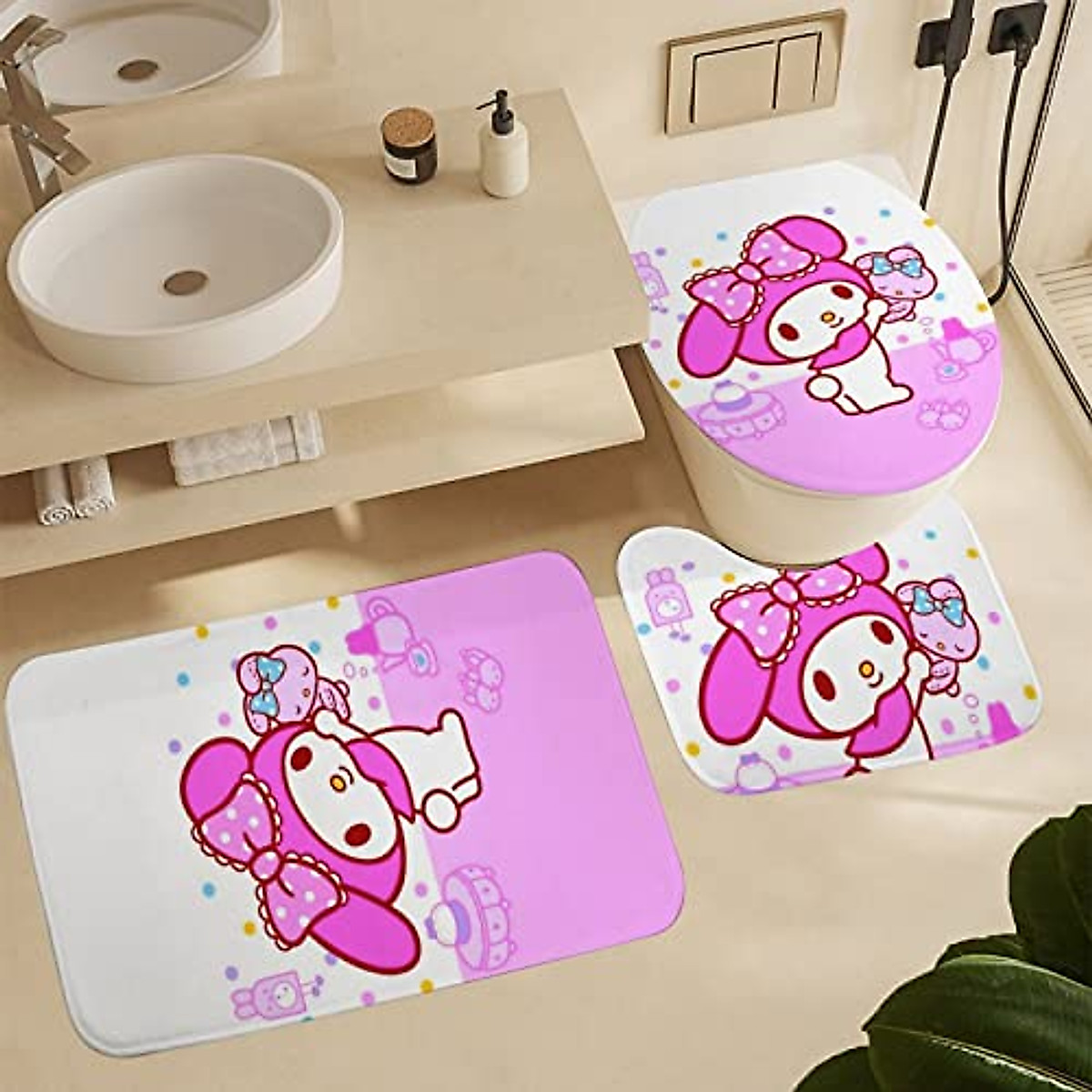 fmsnupz 4PCS Anime Shower Curtain Set, Cute Bathroom Decor with Non-Slip Rugs, Toilet Lid Cover and Bath Mat, Waterproof Fabric Shower Curtains with 12 Hooks, 70.8"x70.8"
