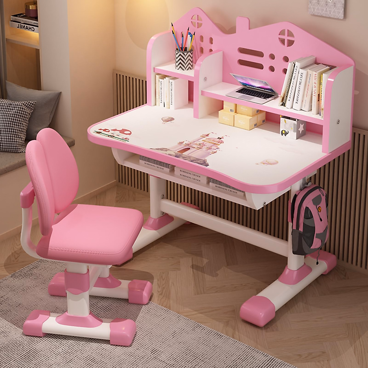 Children Adjustable Desk and Chair Set, Study Table for Kids, Pink Home School Writing Kids Desk and Chair Set with Drawers and Storage Compartments, Reading/Learning/Writing for Girls Pink (Pink)