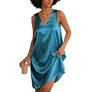Ekouaer Nightgown Women's Silky V Neck Sleepwear Soft Lingerie Satin Pajama Dress Dark Blue