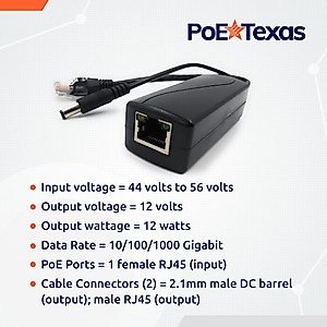 PoE Texas IEEE 802.3af 12v Splitter - Power Over Ethernet Single PoE Splitter 12v 12w Gigabit Data - Active Opto-Isolated Protection for 12 Volt DC Powered Devices, IP Camera, Foscam, Arduino