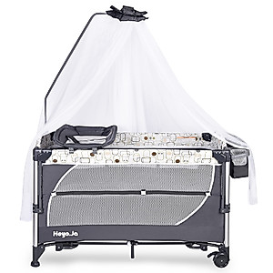 Heyo.Ja Double Layer Baby Portable Playard, 5 Height Adjustable Crib,Changing Table, Foldable Bassinet Bed with Luxury Mosquito Net,Toys Bag,Wheels & Brake, Game Entrance for Boys Girls(Grey)