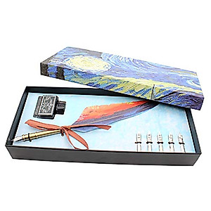 Ranvi Feather Quill Pen Set, Antique Calligraphy Pen Set (with 5 Replacement Nibs), 1 Ink and 1 Gift Box(Starry Sky)