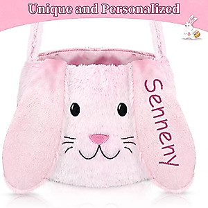 Senneny Easter Baskets for Kids, Personalized Plush Bunny Basket Gift for Girls Boys, Cute Fluffy Eggs Hunting Buckets Bags with Foldable Rabbit Ears, Pink