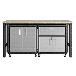 Pemberly Row Space Saving Metal 3 Piece Garage Storage Set with 2 Mobile Cabinets with Doors and 72" W Worktable