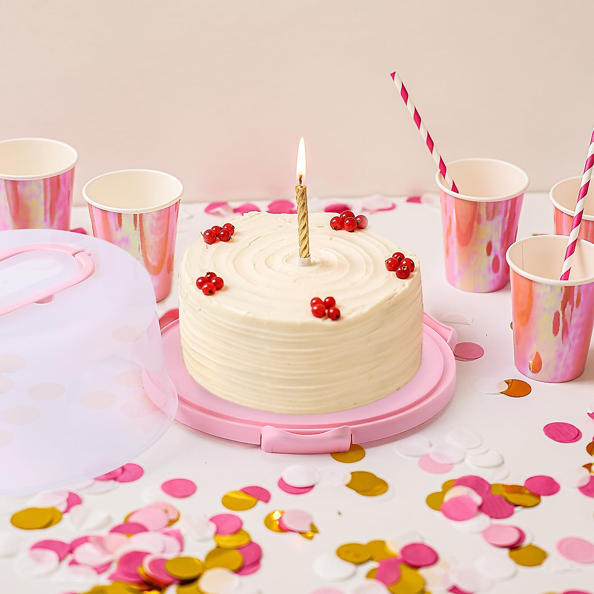 DZ CLAN Cake Carrier, Carrier Cupcake Holder with Cake Turntable, Cake Carrier with Lid and Handle(Pink)