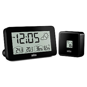 Braun Digital Weather Station Clock with Indoor and Outdoor Temperature and Humidity, Forecast, LCD Display, Quick-Set, Crescendo beep Alarm in Black, Model BC13BP.