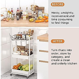 JIUYOTREE 3-Tier Plastic Rolling Storage Cart Utility Cart with Extra Hanging Cups Handles Lockable Wheels for Living Room Bathroom Kitchen Office White