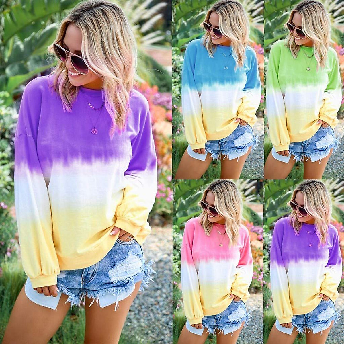 NEARTIME Women's Sweatshirt,Autumn Casual O-Neck Gradient Blouse Tie Dyeing Color Long Sleeve Tops Loose Pullover Purple