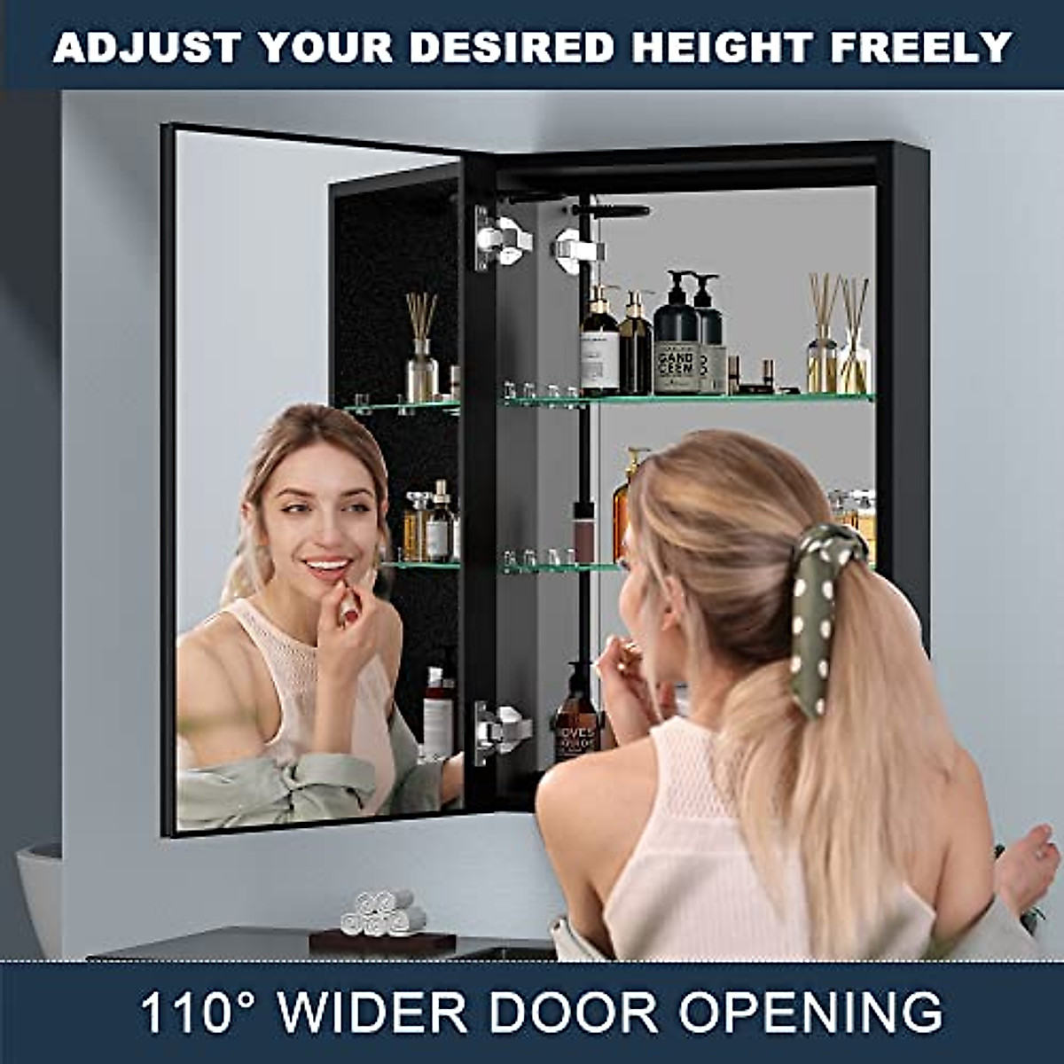 GETPRO Medicine Cabinets 40 x30 inch LED Lighted Medicine Cabinet Mirror for Bathroom Black Aluminum Surface Mount Anti-fogger Function 3 Color Temperature Adjustable Brightness