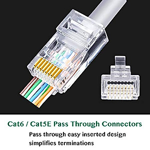 Kinoth RJ45 CAT6 Pass Through Connectors 100 Pack - Easy and Fast Termination - Gold Plated 3 Prong 8P8C Modular Ethernet UTP Network Cable Plug End for Cat6 Cat5e
