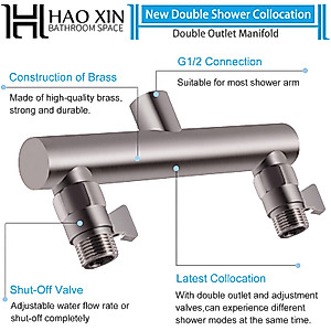 HAOXIN Shower Head Manifold with Double Outlet and Shut Off Valves for Dual Sprayer Showering System,Can Connect Two Showerheads,Brushed Nickel,STN02