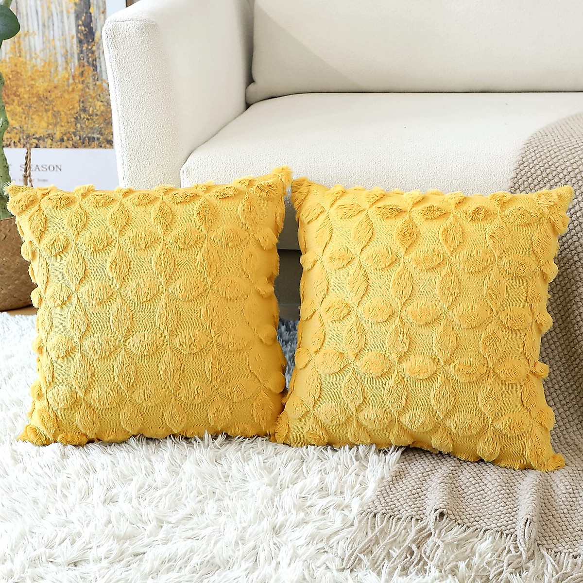 OTOSTAR Set of 2 Soft Plush Short Wool Velvet Decorative Throw Pillow Covers with 3D Flower Pattern Cushion Covers - Couch Sofa Pillow Covers for Living Room - Yellow 18x18 Inch