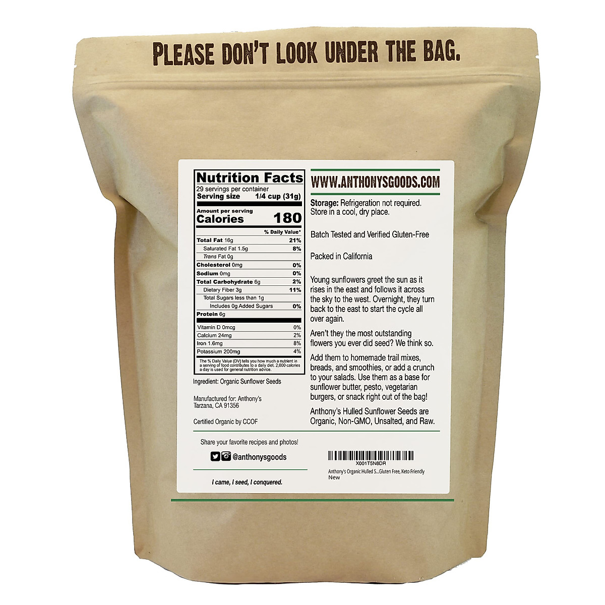 Anthony's Organic Hulled Sunflower Seeds, 2 lb, Raw, Unsalted, Batch Tested and Gluten Free, Keto Friendly