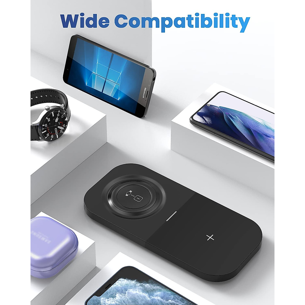 Dual Wireless Charger for Samsung Galaxy Watch and Phone, Duo Charging Pad for Galaxy Watch 4/3,Active 2/1,Gear S4/S3, S21/S20/S10/S9/S8/Note 20/10/9, Charging Station for Galaxy Buds 2/+/Pro/Live