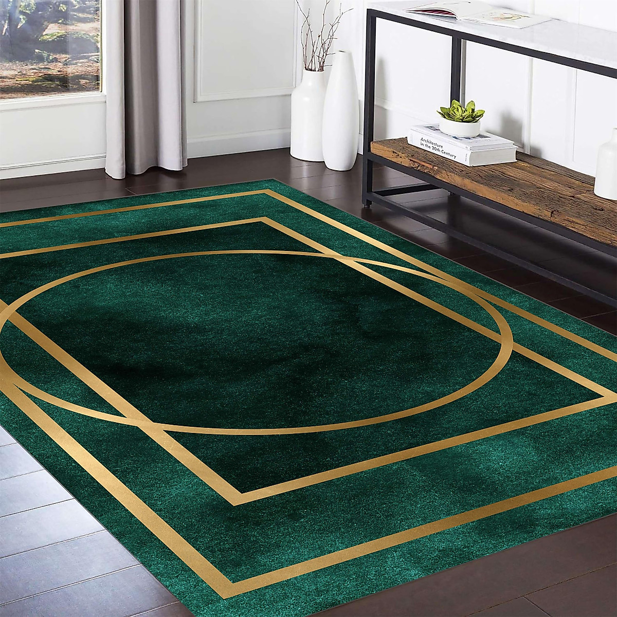 rugylsf Area Rugs Non-Slip Washable Entrance Rugs Gold Round Rectangle Border Emerald Green Marble Textured Area Rugs Bedroom Dining Room Office Decor Kitchen Rugs 2x5ft