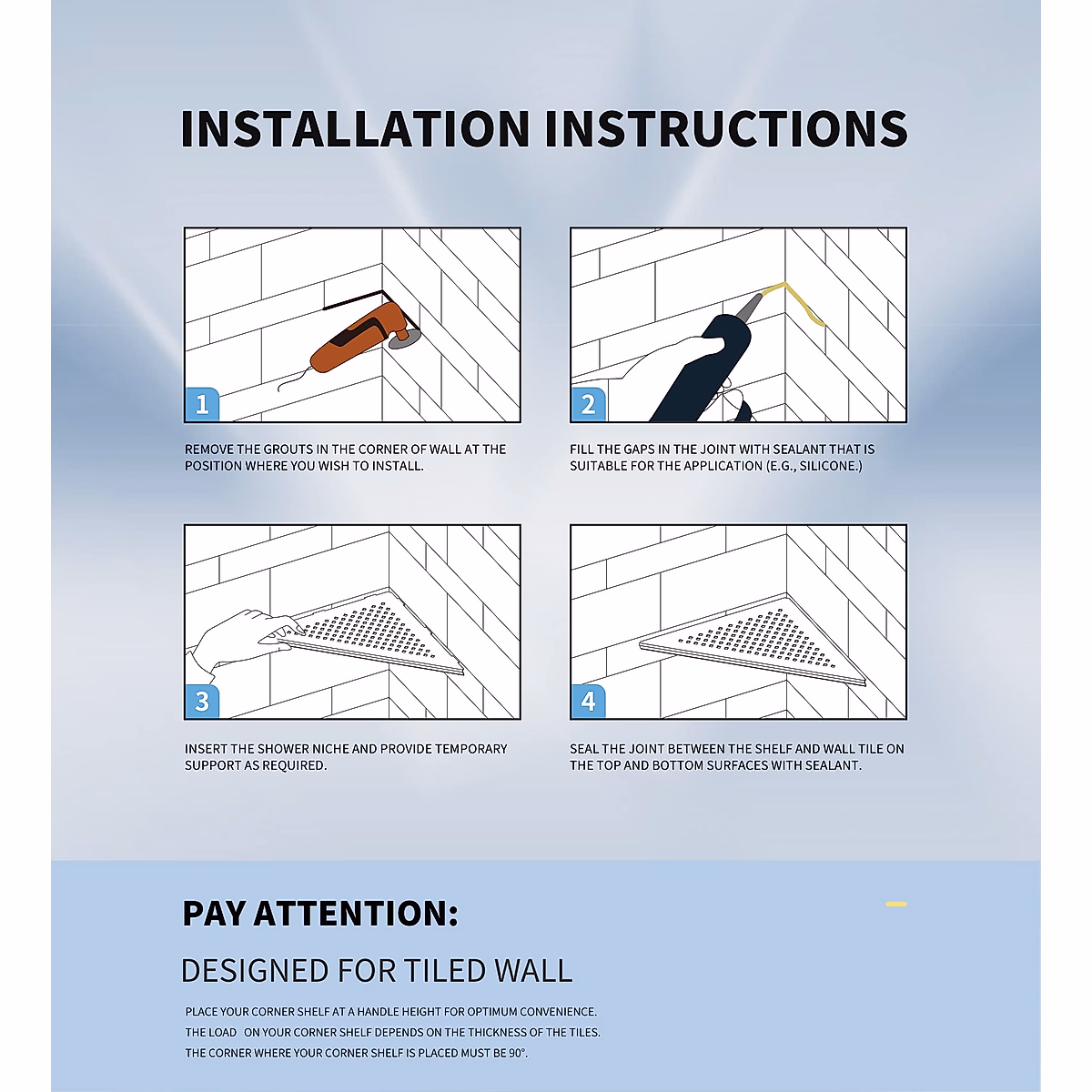Bernkot Corner Shower Shelf 12" Matte Black 304 Stainless Steel Quadrilateral Corner Shelf Recessed Bathroom Shower Shelf, No Drilling