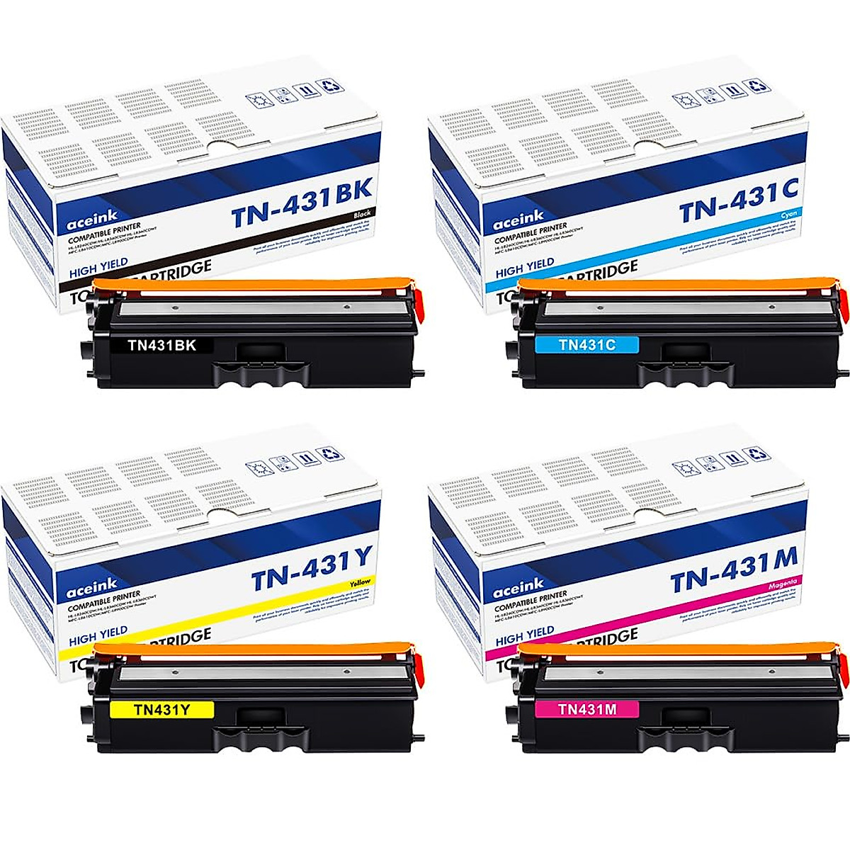 TN431 TN-431 Toner Cartridges 4-Packs: TN433 Standard Yield TN 431 Toner Replacement for Brother TN-431BK TN-431C TN-431M TN-431Y MFC-L8900CDW HL-L8360CDW HL-L8260CDW MFC-L8610CDW HL-L8360CDWT Printer