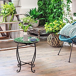 Giantex Outdoor Side Table, Mosaic Patio Table, 14inch Accent Table Plant Stand, Ceramic Tile Top Metal Frame, Small End Table Porch Beach Patio Garden Balcony Poolside
