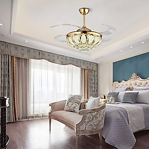 N/B 42 Inch Modern Gold Crystal Chandelier Fan with Retractable Blades Ceiling Fan with Light LED and Remote Control Indoor Fan Suitable for Dining Room Bedroom