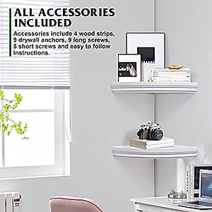 Floating Corner Shelves, 2 Tier Fan-Shaped Corner Wall Shelves, Corner Shelves Wall Mounted, Corner Floating Shelves for Bedroom Kitchen Living Room Bathroom Office, 12-4/5"W x 12-4/5"D x 2" H, White