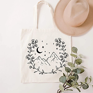 SAUIVD Mountain Moon Flowers Cotton Canvas Tote Bag Mountains Wreath Handbag for Party Grocery Shopping Market