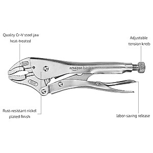 Amazon Basics 5-Piece CR-V Locking Pliers and Wire Cutters Set with Carrying Case, 2 Straight, 3 Curved Jaw, 6.5-10 Inch, Silver