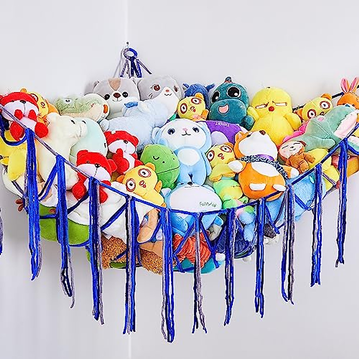 Basumee Stuffed Animals Net or Hammock Toy Storage Organizer Toy Hammock Hanging Stuffed Animals Storage Holder with Tassels for Nursery Kids Bedroom Room Wall Décor, Blue