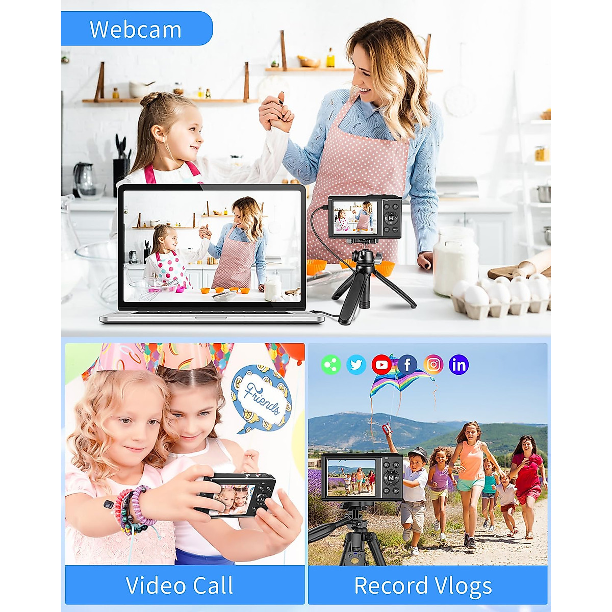 NIKICAM Digital Camera,4K 44MP Kids Digital Camera with 32GB SD Card Compact Point and Shoot Camera with 16X Digital Zoom 2.4 Inch Portable Small Camera for Kids Teens Adults-Black