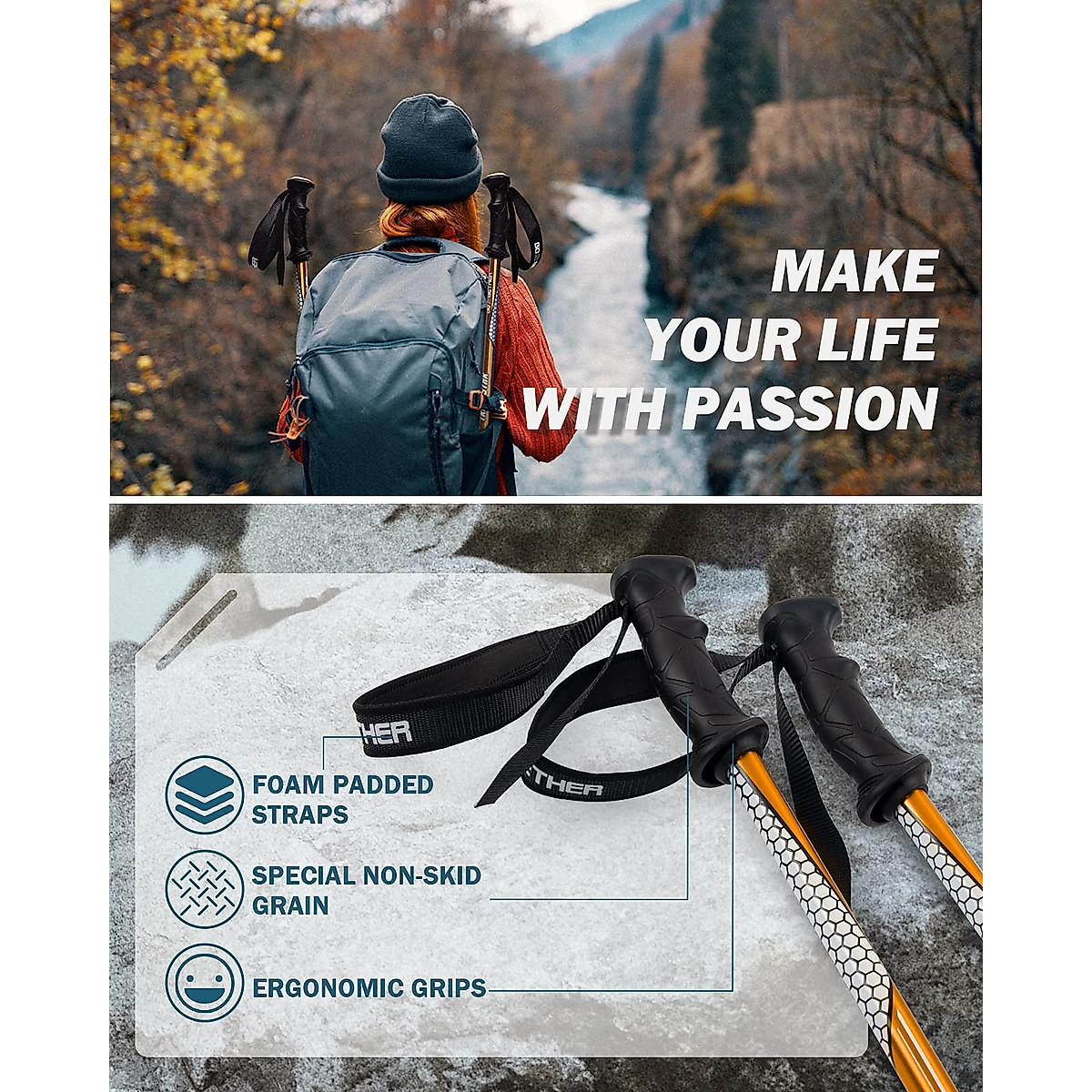 G2 Trekking Hiking Poles Telescopic/Aluminum Alloy/Comfort BMM Handle/Auto-Adjustable Strap/Quick Flip Lock/Snow Baskets Attached (Pack of 2 Poles), Orange