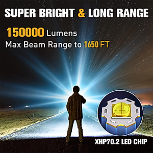 SDKWDH Rechargeable LED Flashlights High Lumens, 150000 Lumens Super Bright Tactical Handheld Flash Light, Powerful Emergency Linternas, Zoomable, Waterproof, Long Lasting, for Hiking Camping Gift