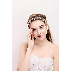 Braveamor Rose Gold Bridal Hair Vine Bohemian Style Wedding Headpiece Crystal Pearl Headband Flower Leaves Halo Wedding Hair Accessories