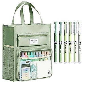 SIORTIO Canvas Tote Bag Cute Panda Print Multipocket Handbag with Compartments + 5 Pens (1-Green)