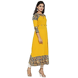 Yash Gallery Women's Plus Size Cotton Blend Kalamkari Print A-Line Kurtis (Mustard Yellow)