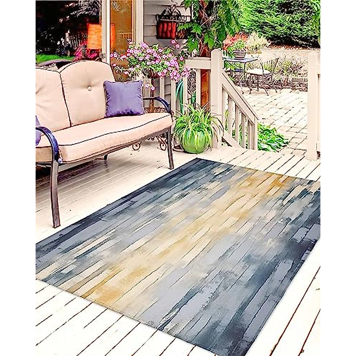 Yellow Painting Outdoor Rugs for 4'x6' Patios Clearance, RV Camping Mat Rug Portable Outside Rug Indoor Outdoor Area Rug Mat for Beach Deck Pool Contemporary Abstract Navy Blue Art