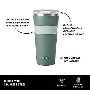 BUILT 24oz Shasta Double Wall Vacuum Insulated Stainless Steel Tumbler with Easy to Clean Flip to Open Lid, Sage