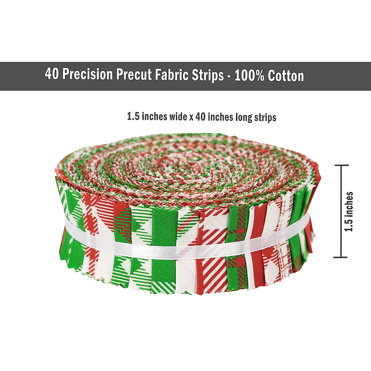 Soimoi 40Pcs Christmas Checks Print Precut Fabrics Strips Roll Up 1.5x42inches Cotton Jelly Rolls for Quilting - Red & Green