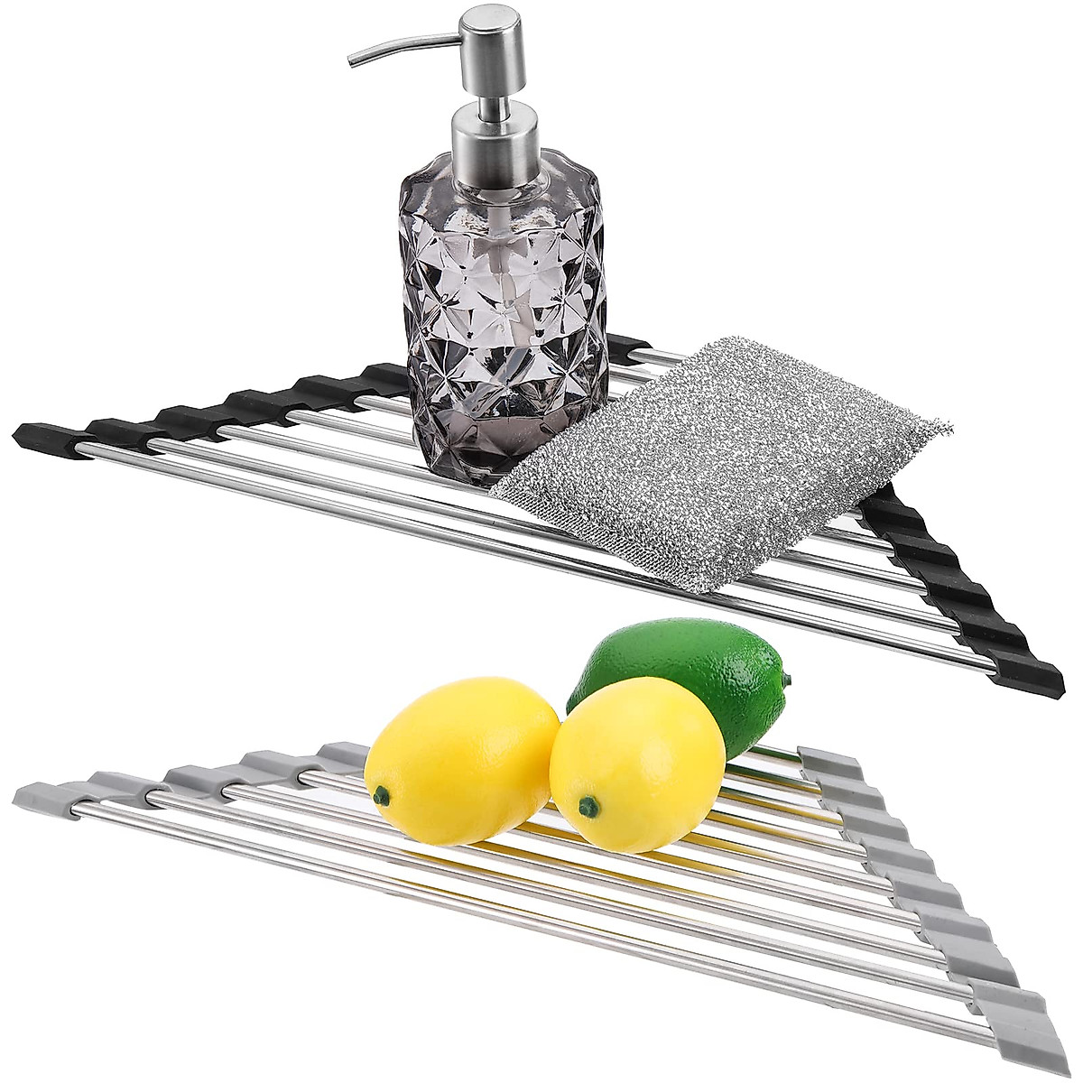 Fasmov 2 Pack Dish Drying Rack, 304-Stainless Steel Sink Organizer for Sponge, Brush, Scrubber, Soap Dispenser Holder, Corner Dish Drying Rack, Gray & Black