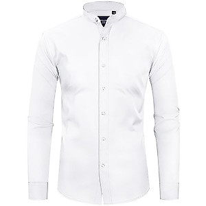 Alimens & Gentle Men's Stretch Mandarin Collar Dress Shirt Long Sleeve Solid Banded Collar Button Down Shirts