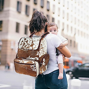 LP-FACON Western Cowhide Print Leather Diaper Backpack | Cute Shower Gifts For Mom | Large Travel Bag Brown & White