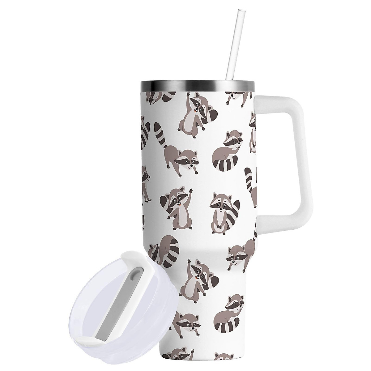 IHCVHQX Tumbler with Handle and Straw 40oz Funny Cute Cartoon Raccoon Insulated Tumbler Cups Stainless Steel Travel Coffee Mug