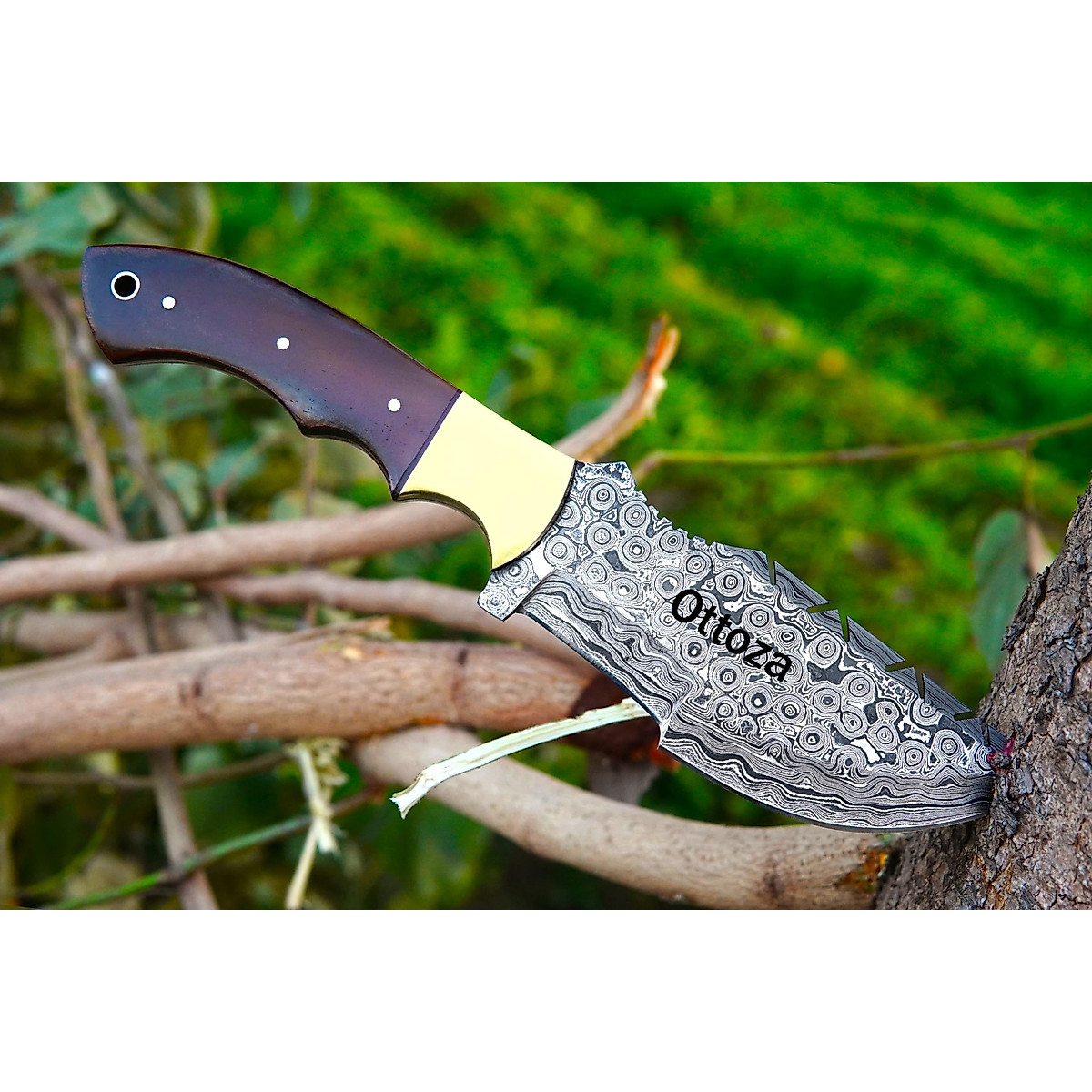 Ottoza Tracker Knife & Bone Handle - Damascus Hunting Knife - Horizontal Carry Knife Sheath 256