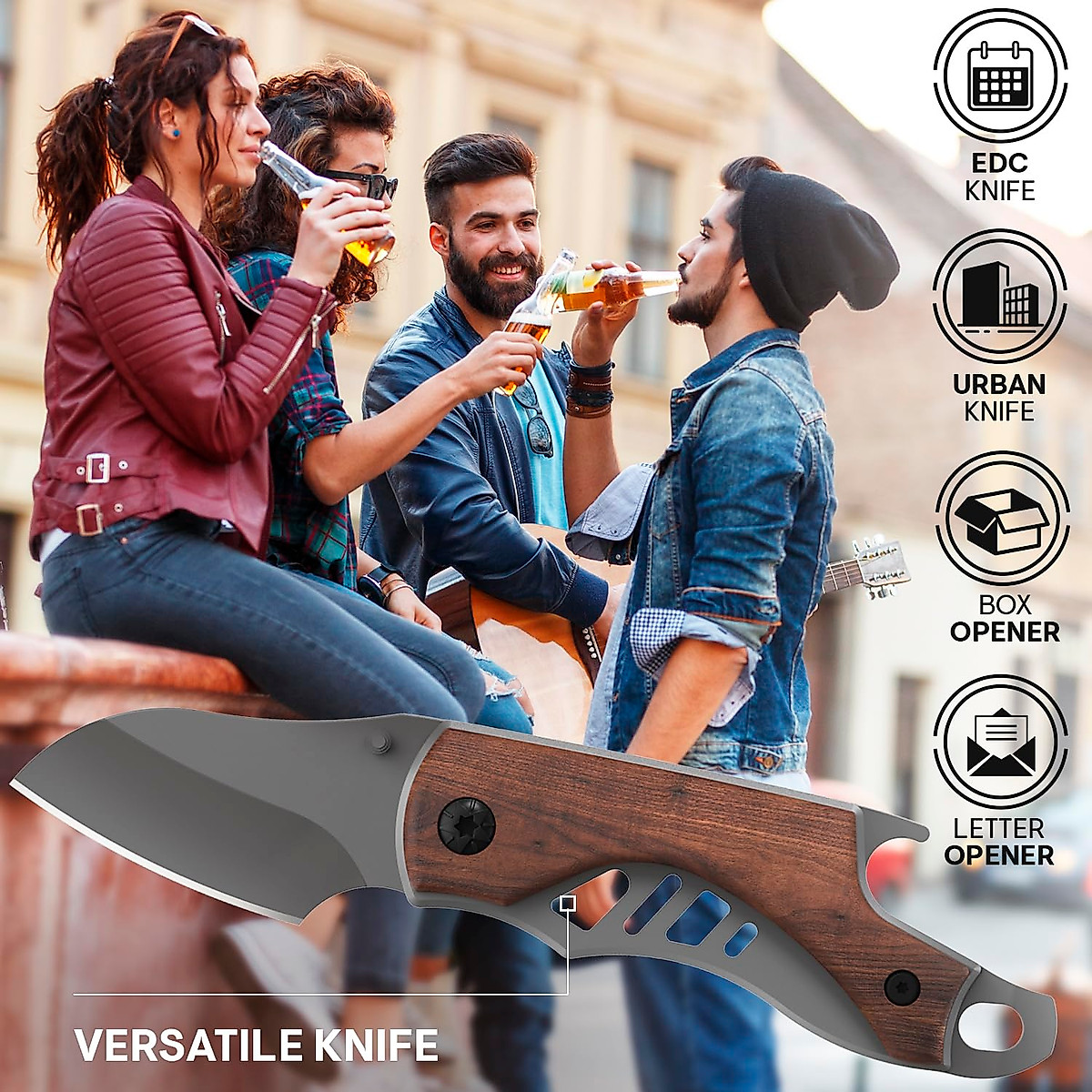 Small Pocket Knife for Men - 5.7’’ Keychain Knife with Bottle Opener - Box Cutter - Wood Handle - Liner Lock - Legal Mini EDC Folding Knife - Cool Sharp Tiny Knives - Gift for Everyone 6779N