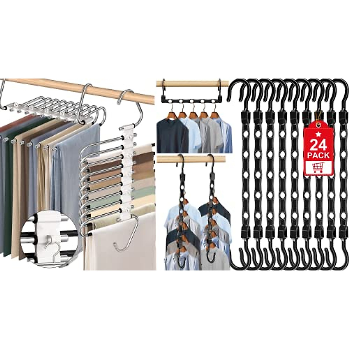 24 Pack Magic Space Saving Hangers+2 Pack Upgrade 9 Layers Pants Hangers Space Saving for Wardrobe Apartment College Dorm Room Essentials