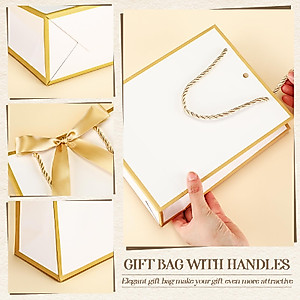Silkfly 24 Pcs Thank You Gift Bags with Handles Blank Paper Bag Bulk with Bow Ribbon DIY 9 x 7 x 3.15'' Gift Wrapping Bags for Christmas Wedding Baby Shower Birthday Party Gift(White, Gold)