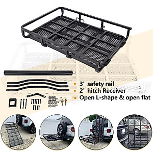 ECOTRIC Hitch Mount Wheelchair Carrier with Mobility Ramp for Wheelchair Scooter Lawn Mower Snow Blower Hauler 500lb Capacity Basket-Style