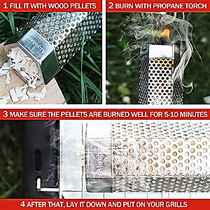 Pellet Smoker Tube, Aliyoham 12'' Stainless Steel BBQ Smoke Tube, Hot/Cold Smoking for All Charcoal, Electric, Gas Grills(with 3 S Shape Hooks,1 Cleaning Brush, 1 Silicone Brush)