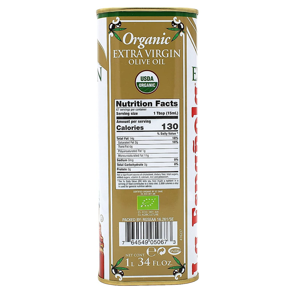 Spanish Organic Extra Virgin Olive Oil First Cold Pressed One Tin Can 33.8 Fl.Oz. (1L) Product of Spain