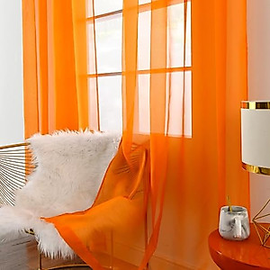 youleyar Solid Sheer Rod Pocket Curtain Voile Draperies 2 Panels White Beige Black Grey Coffee 52 Inch Width 54 Inch Long 1 Pair for Kitchen Bedroom Children Living Room Yard (Orange,52Wｘ54L)